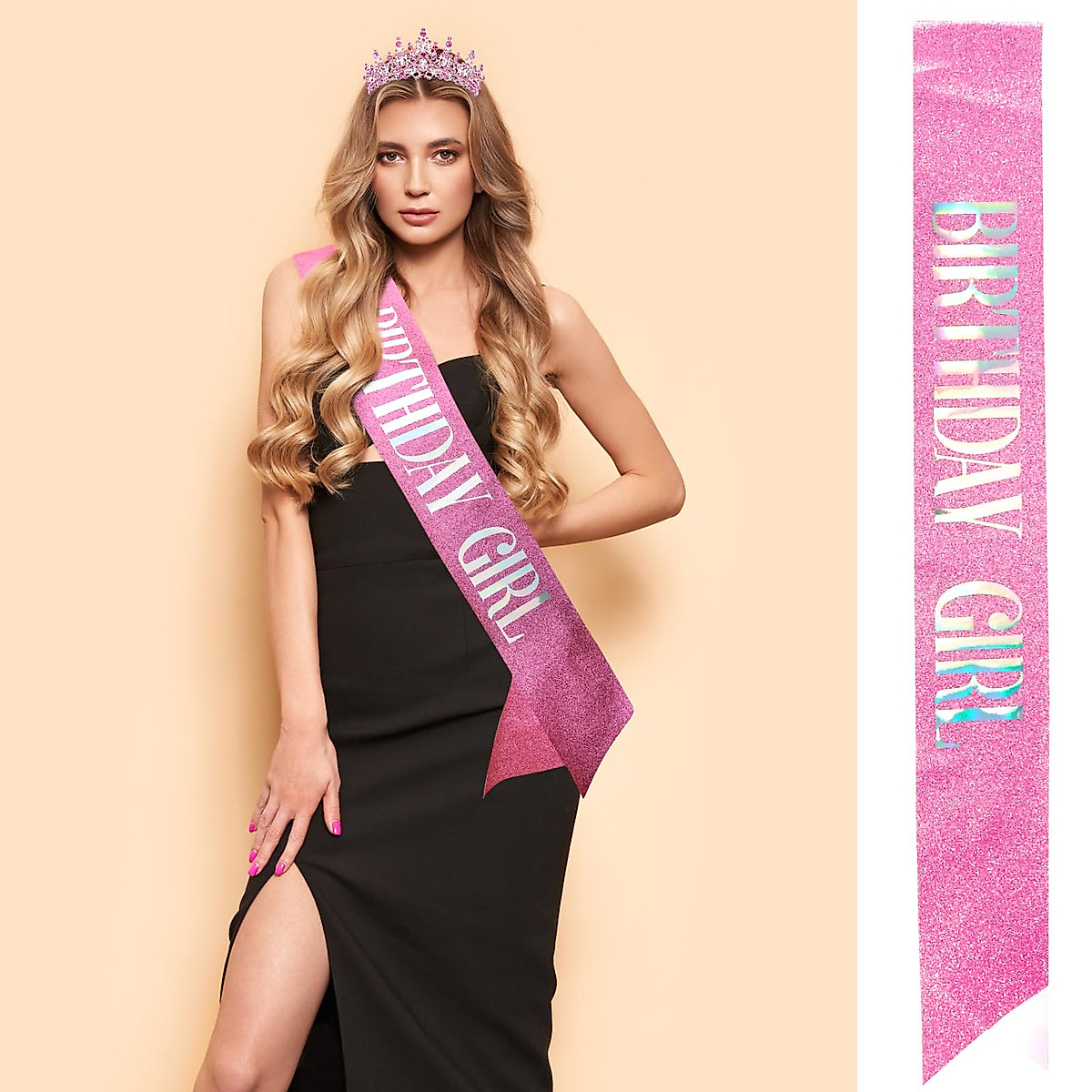 Velscrun Pink Crystal Birthday Tiara Crowns for Women Girls Elegant Princess Crown with Combs Birthday Girl Headband Sash Happy Birthday Party Decorations Birthday Gift Cake Topper Hair Accessories