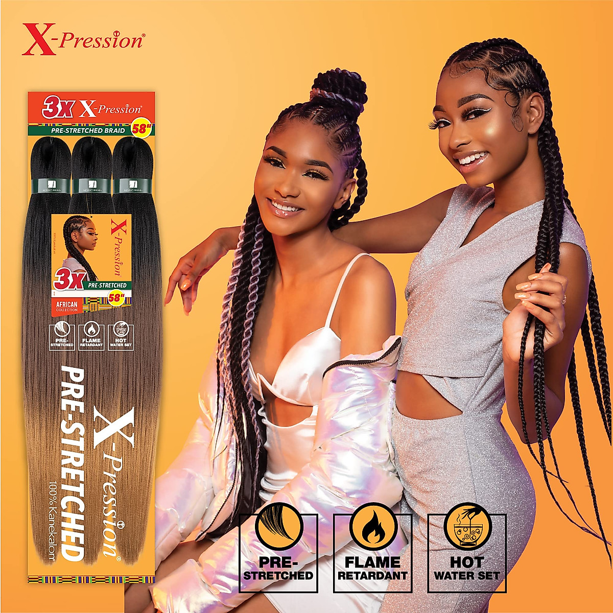 Sensationnel X-pression prestretched braiding hair - 3x braid 58 inch all kanekalon flame retardant synthetic braid for box braids and twists (1 pack, 2 DARKBROWN)