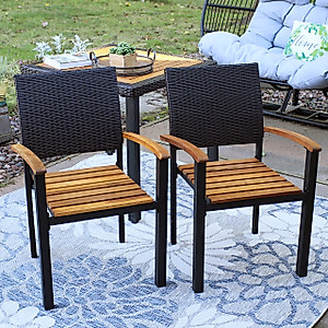 Sunnydaze Malachi Acacia Wood Patio Armchair - Set of 2 - Resin Rattan-Wrapped Steel Frame - 275-Pound Weight Capacity - Brown