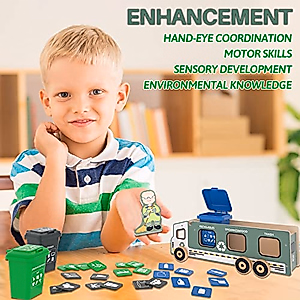 DUKVSG Large Wooden Garbage Truck Toy, Waste Management Recycling Truck Toy with 3 Trash Cans, Educational Toys and Gift for Kids, Toddlers, Boys, Girls 3 4 5 6 7 Years Old