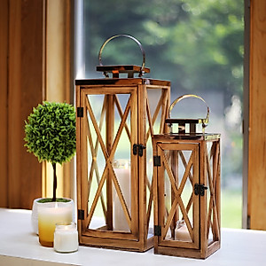 XRKITE Wooden Candle Lantern Decorative Set of 2, Patio Decor with Stainless Top and Glass Inserts, Hurricane Lantern Holder Decor for Indoor Outdoor, Home, Garden, Wedding (Small-Large Set)