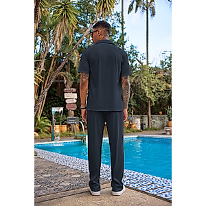 COOFANDY Men's 2 Piece Outfit Casual Short Sleeve Button Down Shirt Beach Summer Loose Pant Sets