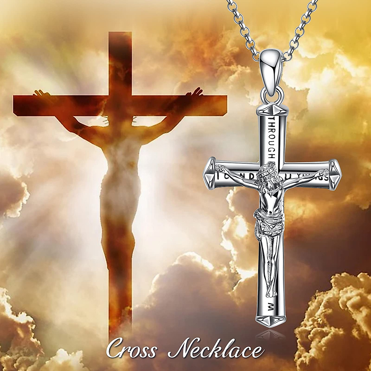 POPLYKE Crucifix Necklace for Men 925 Sterling Silver Jesus Cross Necklace for Women Philippians 4:13 I Can Do All The Things Inspirational Necklace Christian Jewelry for Men 20+2''