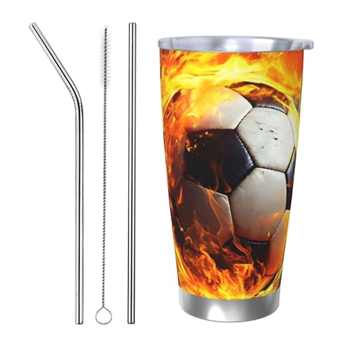 AYCZN Fire Soccer 20 OZ Tumbler Stainless Steel Travel Coffee Mug, Ball Sports Insulated Water Bottle with Lid and Straws Leakproof Thermal Cup