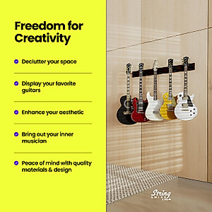 String Swing Guitar Wall Rack - Multiple Guitar Wall Mount - Guitar Organizer for Acoustic & Electric Guitars - 5 Padded Arm Hangers & Copper Slatwall Rail - Wall Mount Guitar Rack - MADE IN USA