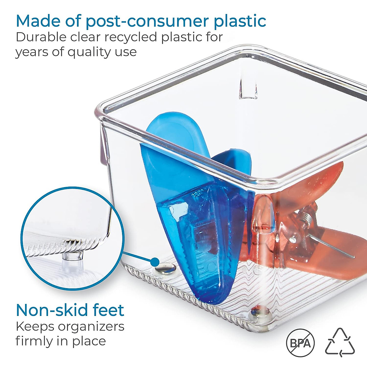 iDesign Linus Plastic Kitchen Drawer Organizer for Silverware, Spatulas, Cutlery, Gadgets, Office Supplies, Cosmetics, 4" x 4" x 3", Set of 2, Clear