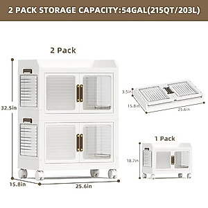 ECOWEEPUT Storage Bins with Lids-54 Gal Stackable Storage Containers, Foldable Storage Cabinet, Collapsible Storage Box with Wheels, Plastic Closet Organizers for Home Storage (2 Pack)