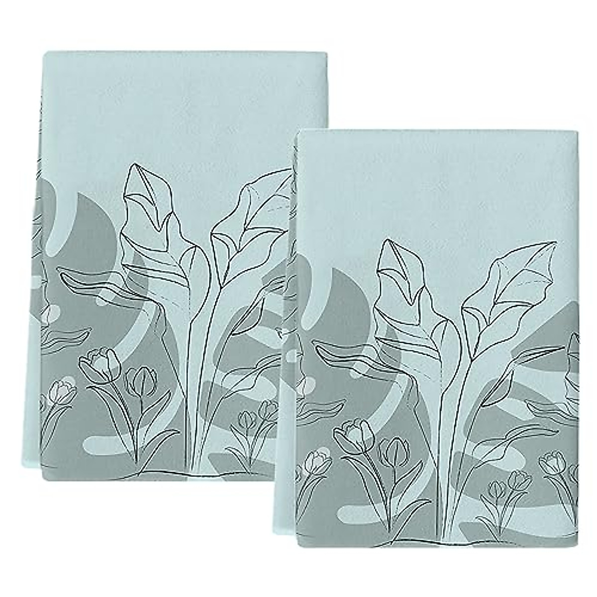Kitchen Towels Modern Flower Plant Leaves Absorbent Tea Towel Soft Hand Dish Towel Blue Gray Reusable Washable Cleaning Cloth Hand Bath Towels for Bathroom Bar for Everyday Cooking (Pack of 2)