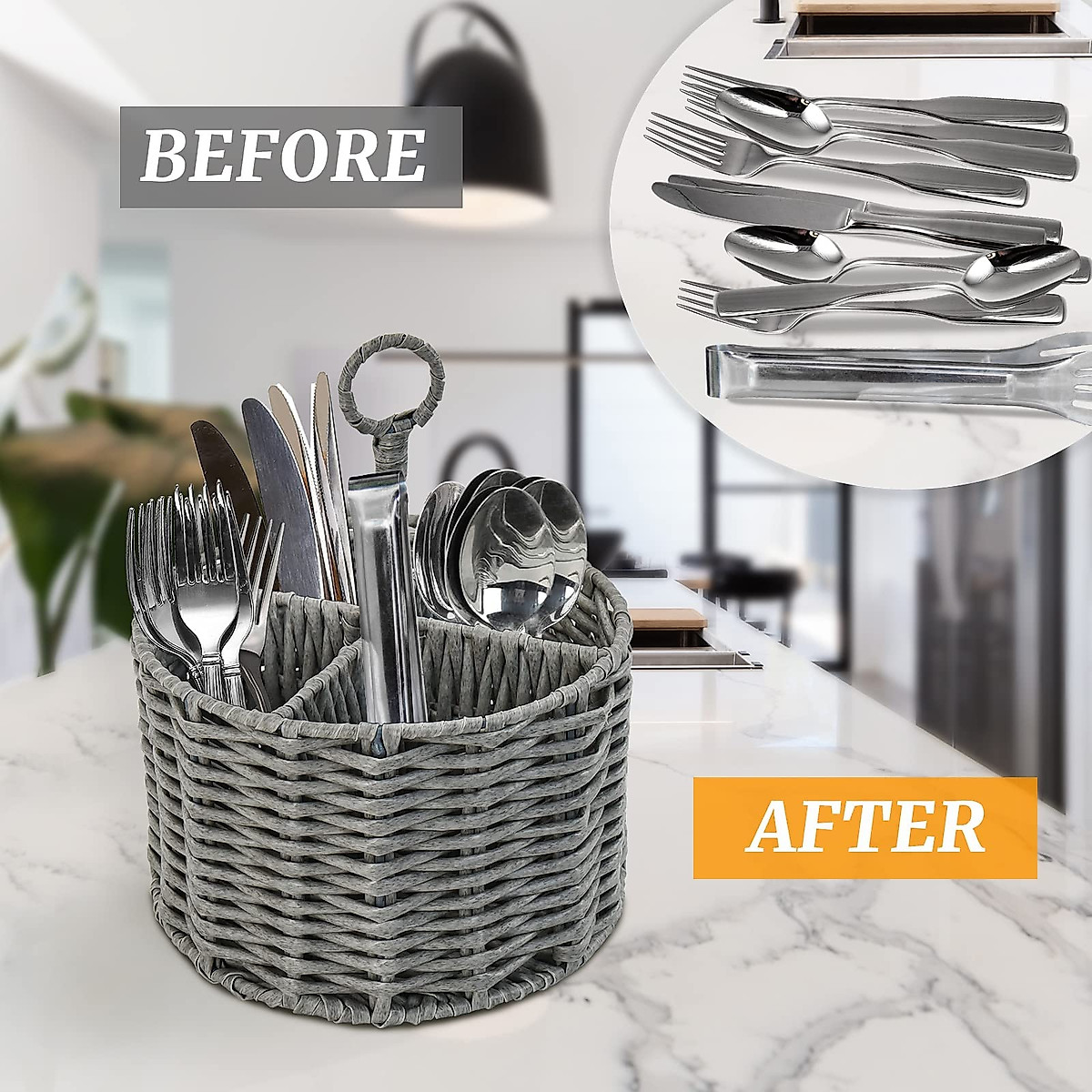 COZYYROME Utensil Caddy for Kitchen Countertop,Cooking Utensil Holder Counter Utensil Crock Holder for Kitchen Large Utensil Flatware Organizer,Kitchen Utensil Caddy With 4 Compartments