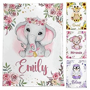 ZouZou Personalized Customized Baby Girl Blanket - Baby Blanket with Name for Baby Girl, 30x40, Fleece - Cute Custom Baby Blanket for Baby Girls (Elephant)