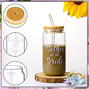 2 Sets Mother of The Groom Glass Cups with Lids and Straws, Mother of The Bride 16 oz Iced Coffee Cups, Wedding Gifts for Bride and Groom (Mother)