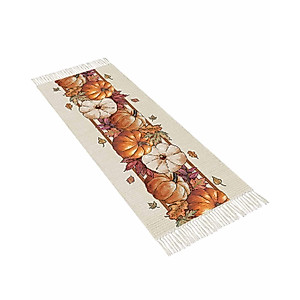 Fall Kitchen Runner Rug 2x5 Bedside Rug with Tassel Cotton Woven Throw Rugs Washable Hallway Runner Rug Thanksgiving Orange Pumpkin Maple Leaf Beige Floor Carpet for Bedroom Bathroom Living Room