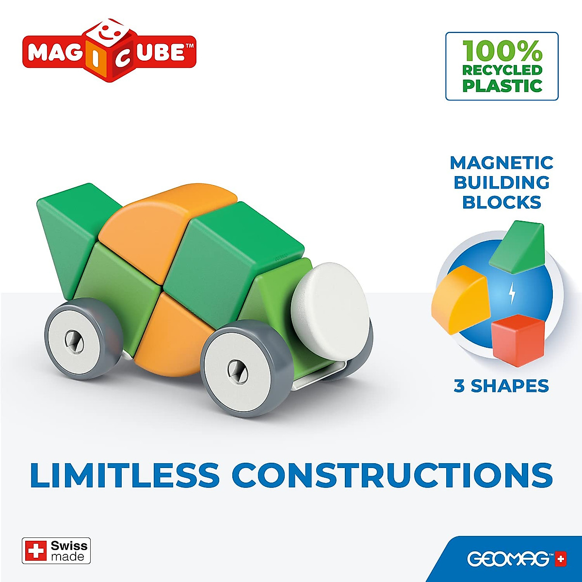 Geomag Swiss-Made MagiCube 13-Piece Magnetic Shapes & Wheels Building Set, Cars & Characters, Stacking Blocks for Toddlers & Kids Ages 1-5, STEM Educational Toy, Creativity, Imagination, Learning