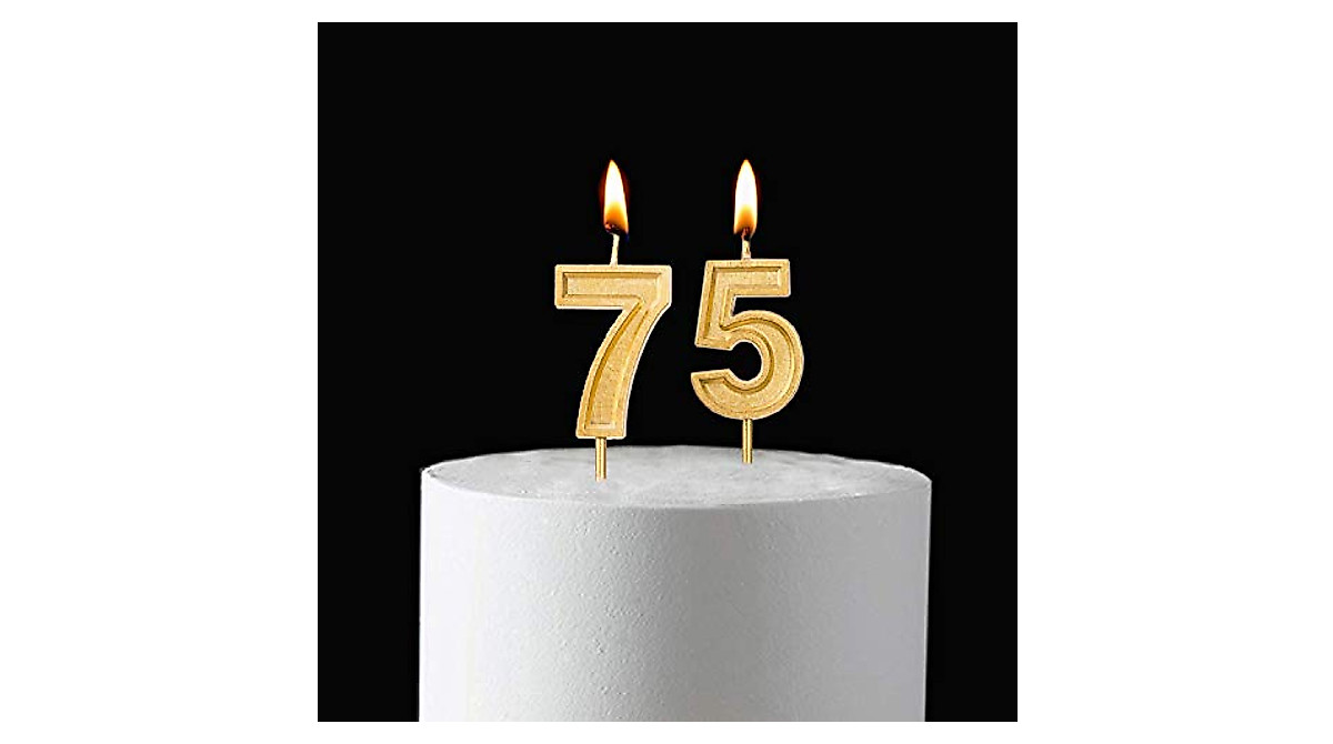 Gold 75th Birthday Candles & Number 75 Cake Topper
