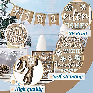Qunclay Christmas Winter Tiered Tray Decor Wooden Signs Snowman Snowflake Wood Blocks Winter Farm Directional Sign Rustic Tabletop Signs Farmhouse Tiered Tray Decorations(Snowman Style, 12 Pcs)