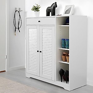 ERATOHOME Shoe Storage Cabinet with Door, 4 Tier Free Standing Shoe Rack Organizer with Adjustable Storage Shelf &Top Drawer for Narrow Closet Hallway Bedroom Entryway