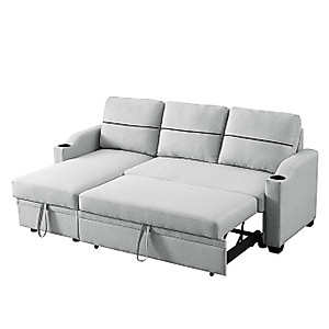 Eafurn Convertible Sectional Sleeper Pull Out Bed, 3-Seater L-Shaped Storage Chaise and 2 Cup Holders, Linen Fabric Upholstered Corner Sofa & Couches for Living Room, Gray 81"