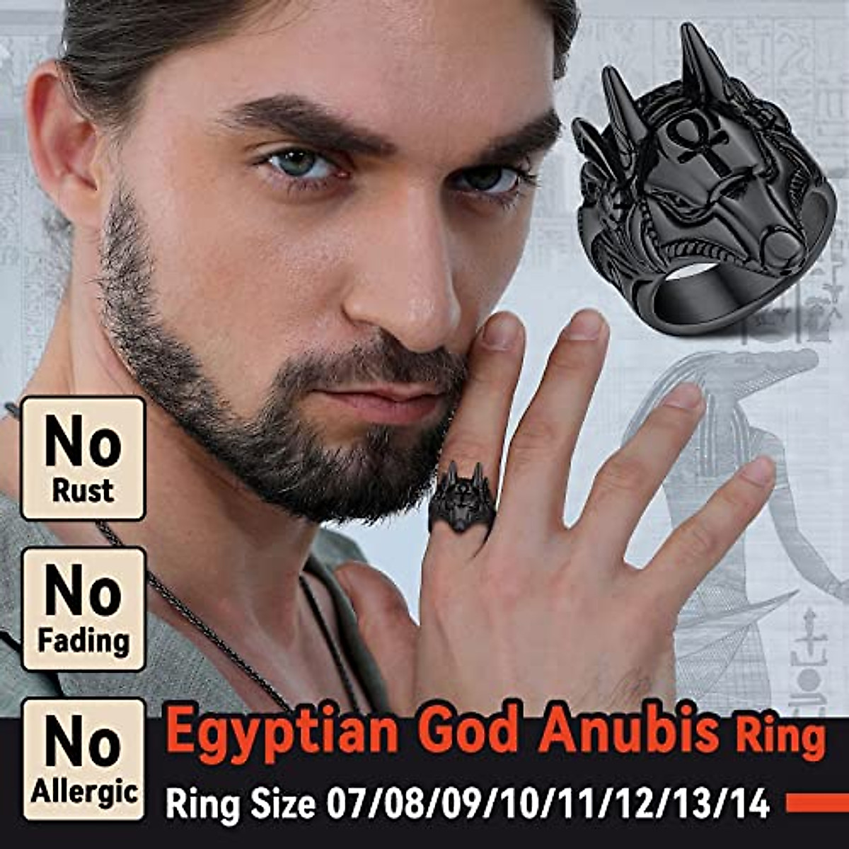 Male Anubis Ring Black Size 8 Stainless Steel Vintage Egyptian Protective Thumb Finger Rings