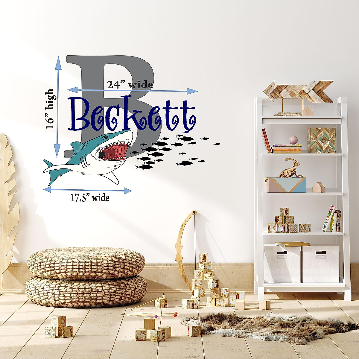 Boys Nursery Great White Shark Bite! Personalized Custom Name and Initial Vinyl Wall Decal, Decor Wall Stickers (Medium)