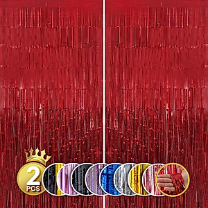 RFAQK 2Pack 3.30x8.20 Feet Red Foil Fringe Curtains -Red Fringe Backdrop, Tinsel Streamers Party Decorations for Birthday, Red Backdrop for Baby Shower, Gender Reveal, Disco Party and Graduation Decor