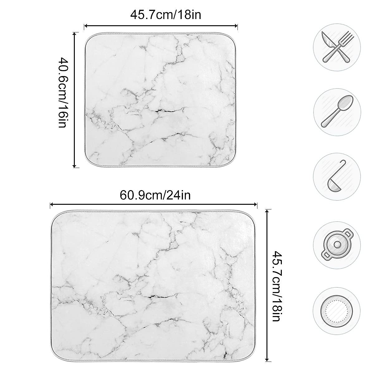 Absorbent Dish Drying Mat for Kitchen Counter - Marble Print Microfiber Drying Pad, Reversible Drainer Mats for Countertop, Medium 16 x 18 inch