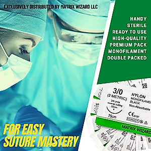 3-0 Sterile Sutures Thread with Needle (Black Monofilament) - Medical and Nursing Student's Surgical Practice Suture Kit, Training with Stitching Pad, First Aid Field Emergency Demo, Vet Use