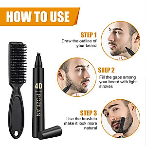 Long-Lasting Water-Resistant Black Men's Beard Grooming Kit - Micro-Fork Tip Pen, Bristle Brush for Natural Looking Mustache, Eyebrows, and Facial Hair Styling
