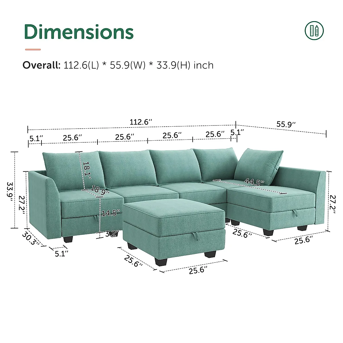 HONBAY Convertible Sectional Sofa with Ottman Set Modular Sectional Couch with Reversible Chaise L Shaped Modular Sofa with Storage Seats for Living Room, Aqua Blue