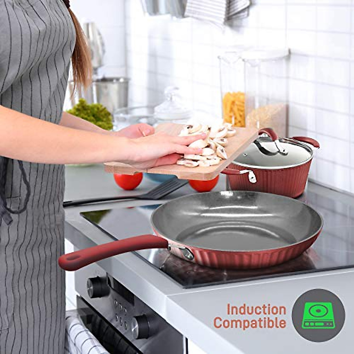 NutriChef Non-Stick Kitchenware Pots & Pans, Gray Inside & Red Outside, Metal + Silicone Handle, PTFE/PFOA/PFOS Free NCCW11RDL, 11 Pcs. Stylish Kitchen Cookware Set w/Elegant Lines Pattern