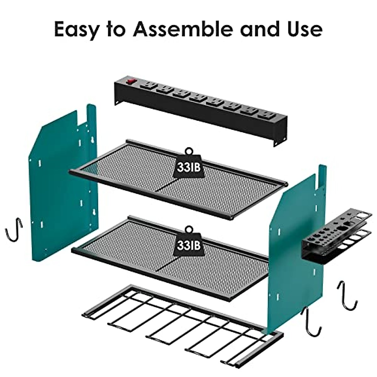 CCCEI Modular Power Tool Organizer Wall Mount with Charging Station. Garage 4 Drill Storage Shelf with Hooks, Screwdriver, Drill Bit Heavy Duty Rack, Tool Battery Holder Built in 8 Outlet Power Strip.