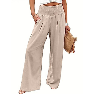 ANRABESS Women Linen Palazzo Pants Summer Boho Wide Leg High Waist Casual Lounge Pant Trousers with Pocket 1091mixing-S