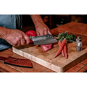 Norse Tradesman Chef & Cleaver Hybrid Knife - 7.5" Razor Sharp Kitchen Knife – Genuine Cowbone Accented Handle with Celtic Knot Engravings – Artisan Forged