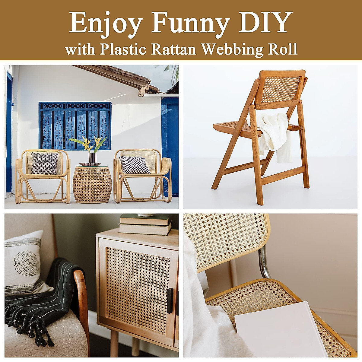 16" x5FT Plastic Rattan Cane Webbing, Woven Open Mesh Cane Net Roll for DIY Caning Furniture Decor Projects: Chair, Cabinet, Ceiling and Door(59x16 in)