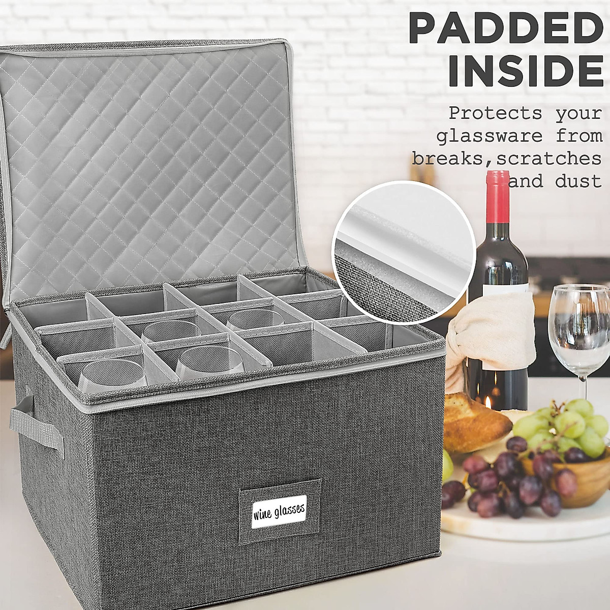 LotFancy Stemware Storage Container, Hard Shell, Stackable Wine Glass Storage Box with Dividers & Handles, Crystal Glassware, Champagne Flute, Drinkware Case for Moving, Grey