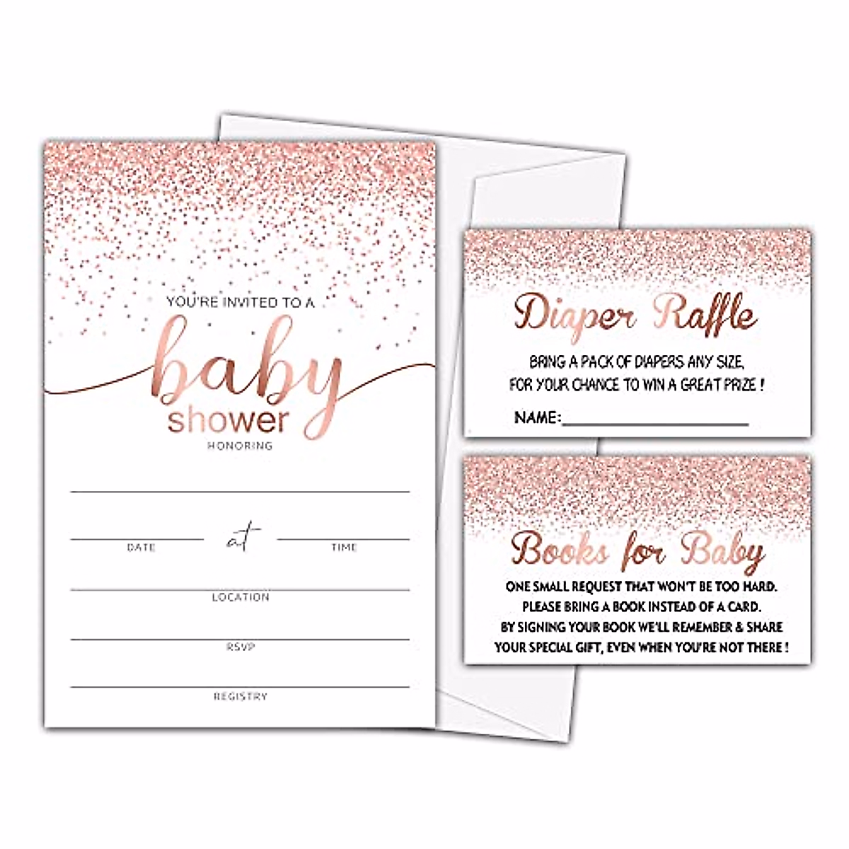 Baby Shower Invitation Kit, Diaper Raffle Games, Books For Baby, Pink Rose Gold Baby Gender Reveal Fill In Invites Cards, Each Design 25 Cards & 25 Envelopes （A Total of 100 set） - BABYSET-003