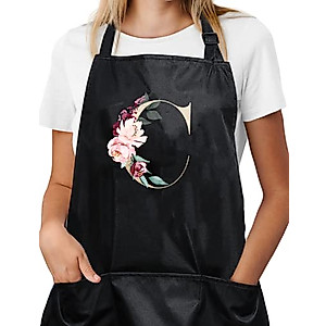 Initial Black Apron for Women with Pockets, Kitchen Cooking Gardening Cute Apron Gifts for Her, Chef, Mom, Artists, Hair Stylists, Funny Gifts for Women, Friends, Sisters, Grandma - C