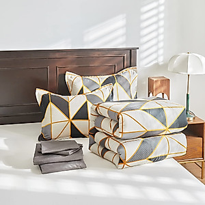 Flysheep Geometric Bed in a Bag 6-Pieces Twin for Kids, Gray Black Beige Rhombus n Triangles Printed Comforter Sheet Set (1 Comforter, 1 Flat Sheet, 1 Fitted Sheet, 2 Pillow Shams, 1 Pillowcase)