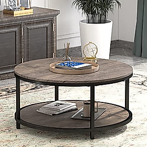 WiberWi Round Coffee Table 35.8" Rustic Vintage Industrial Design Furniture Sturdy Metal Frame Legs Sofa Table Cocktail Table with Storage Open Shelf for Living Room, Easy Assembly, Gray Brown1