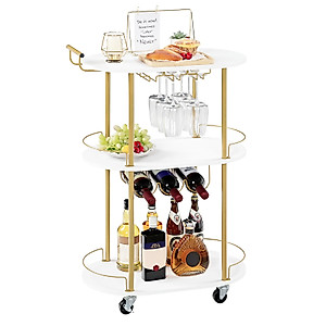 HOOBRO Bar Cart Gold, 3-Tier Home Bar Serving Cart with Lockable Wheels, Rolling Kitchen Cart with Wine Rack and Glass Holders, Mini Bar with Arc Fence for Living Room, Party, Gold and White DW60TC01