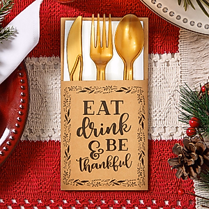 Thanksgiving Dinner Party Utensil Holder Pockets, Eat Drink & Be Thankful (36 Pack)