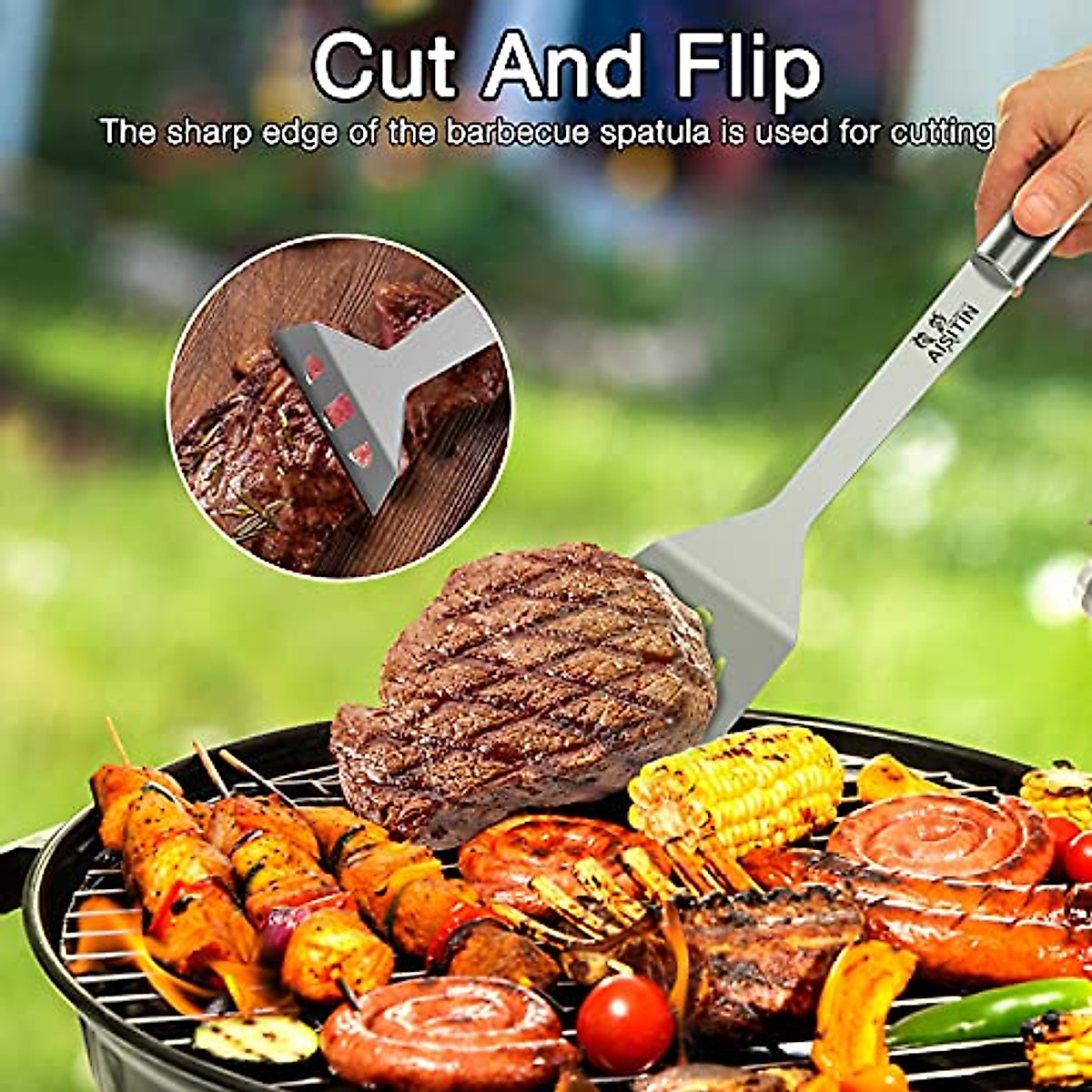 AISITIN 5 PCS Grill Accessories BBQ Set, Stainless Steel BBQ Grill Tools with Sturdy Spatula, Grilling Tongs, Fork and Brush, Ideal Grill Set for Outdoor Indoor Grill