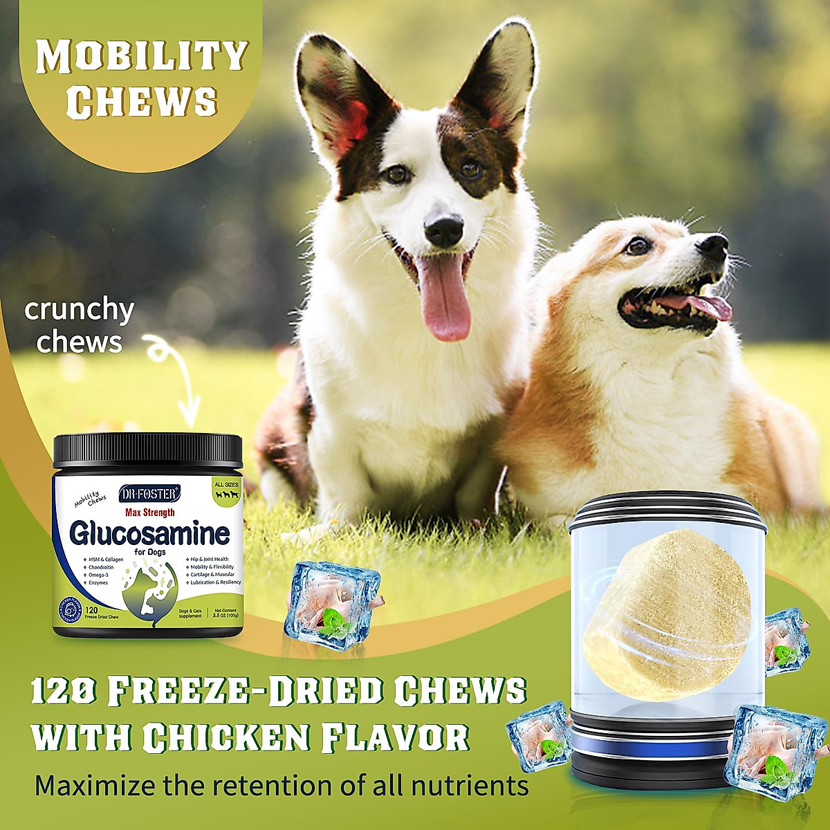 Glucosamine for Dogs, Hip and Joint Supplement for Dogs with Chicken Flavor, Anti Inflammatory, Dog's Chondroitin, Digestive Enzymes, Omega-3, Vitamin D, MSM, Calcium, Turmeric, 120 Freeze-Dried Chews