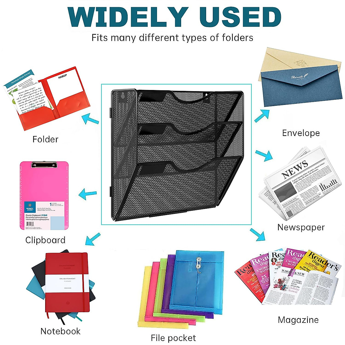 PAG Hanging Wall File Holder, 3 Tier Mail Sorter for Wall, Mesh Office Wall Organizer For Papers/Folders/Files Clipboard & Magazine, Black