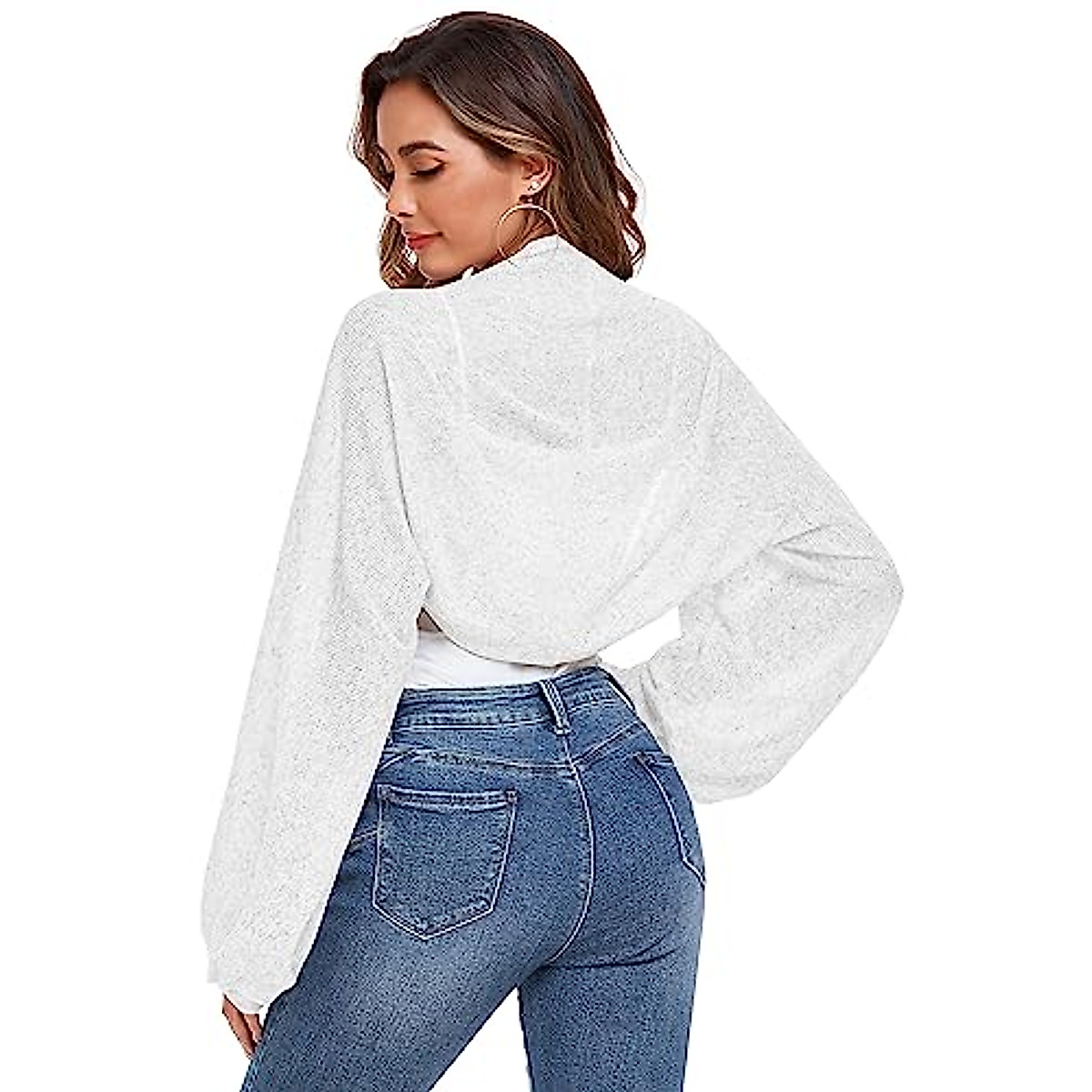 ZAFUL Women's Long Sleeve Open Front Bolero Shrug Crop Top Cardigan Elegant White L