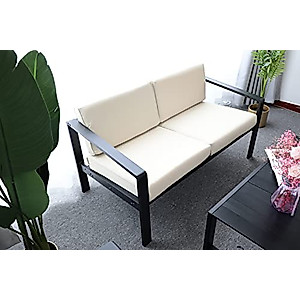 Double Armchair, Modern Design Outdoor Patio Furniture with Cushions in Stripe,Aluminum Fram, Backyard Porch Poolside Lawn with Coffee Table(Beige)