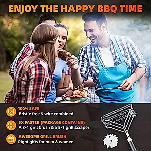Grill Brush for Outdoor Grill, Bristle Free & Wire Combined BBQ Brush for Grill Cleaning Including Grill Scraper, Safe 17" Stainless Steel BBQ Accessories Grill Cleaner Brush, Awesome Gifts for Men