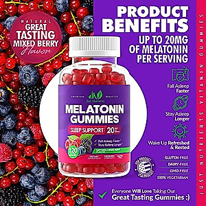 Melatonin 20mg Gummies for Adults (120 Count) - Maximum Strength Sleep Gummies with 10mg of Melatonin Per Gummy - Gluten-Free, Non-GMO, Vegetarian, Great Tasting Mixed Berry Flavor - 60 Servings