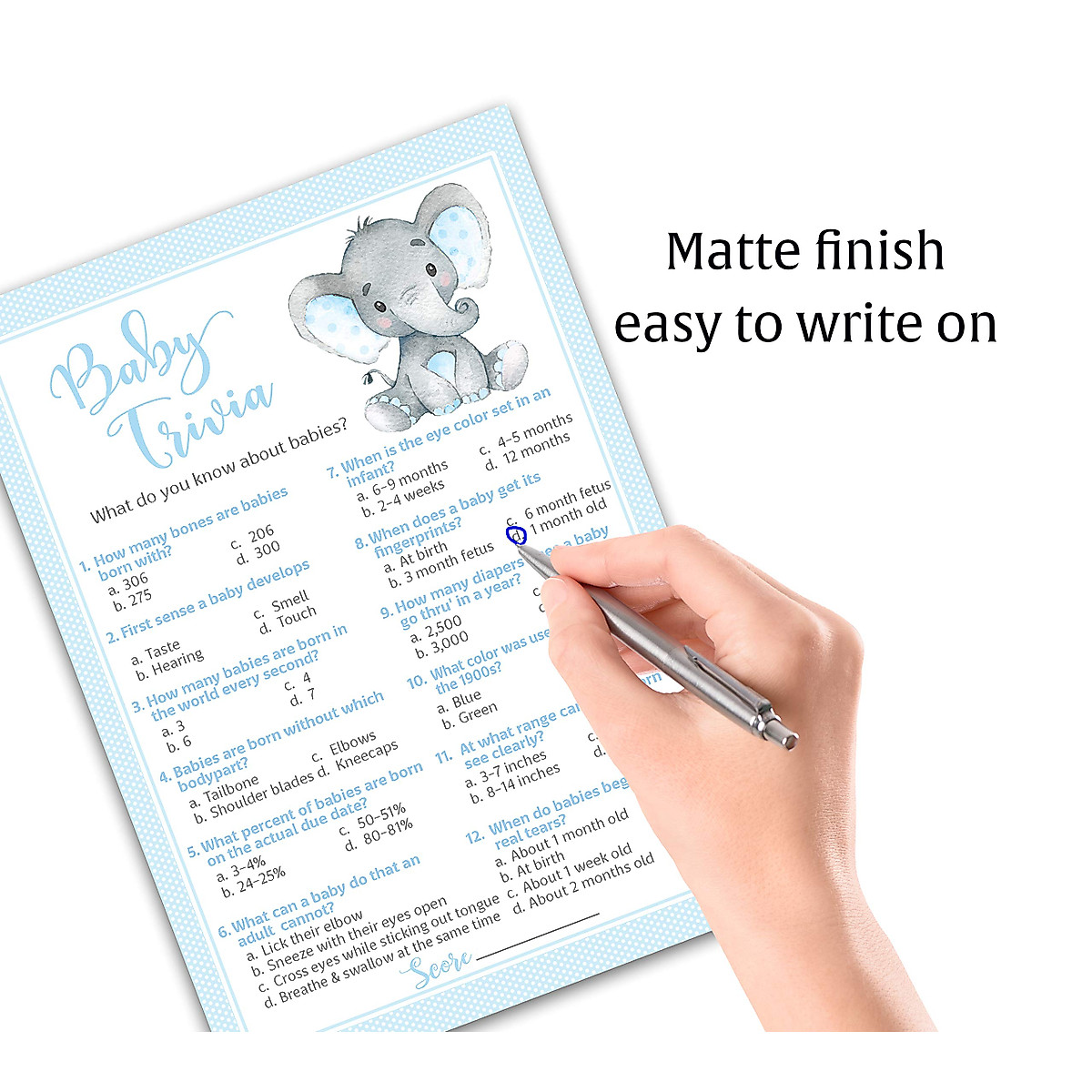 BLUE ELEPHANT Baby Shower Game — BABY TRIVIA Games — Pack of 25 — BOY Baby Shower Games, Fun Baby Facts Games, Baby Boy Shower Activity, Blue Polka Dot Baby Elephant Baby Shower Games, SKU G501-TRV