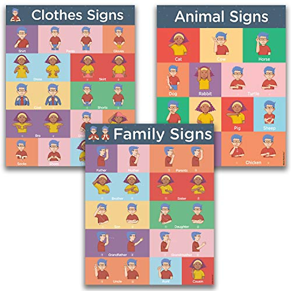 Sign Language Posters for Classroom - 3 Pack Includes: Family, Clothes, and Animal Sign Language Charts for Kids. ASL Posters for Classrooms are Each 16x20 inches, Dry Erase, and Made in the USA.