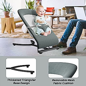 Baby Bouncer, Portable Bouncer Seat for Babies, Portable Baby Rocker with 3-Point Harness, Portable Rocker with Mesh Fabric and Babies Soothing Vibrations (Grey)